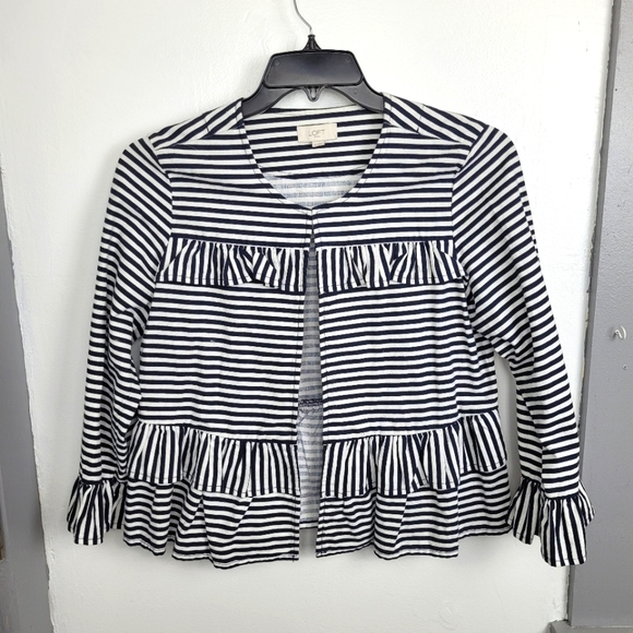 LOFT | Jackets & Coats | Loft Linen Navy White Striped Ruffle Tiered ...